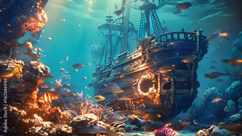 Beautiful underwater world with a pirate ship. Underwater world ...