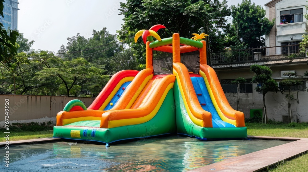 inflatable colorful water slide in the backyard for children's ...