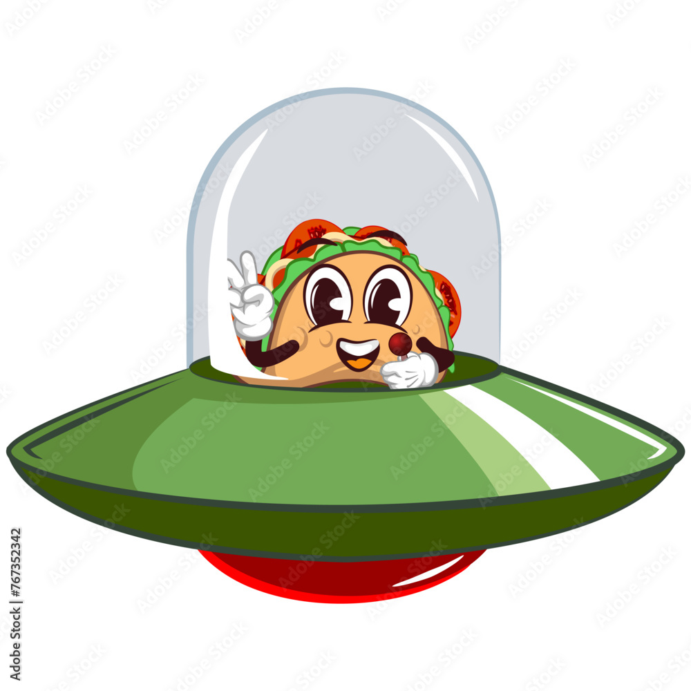 cute taco mascot character emoticon with funny face controlling ufo ...