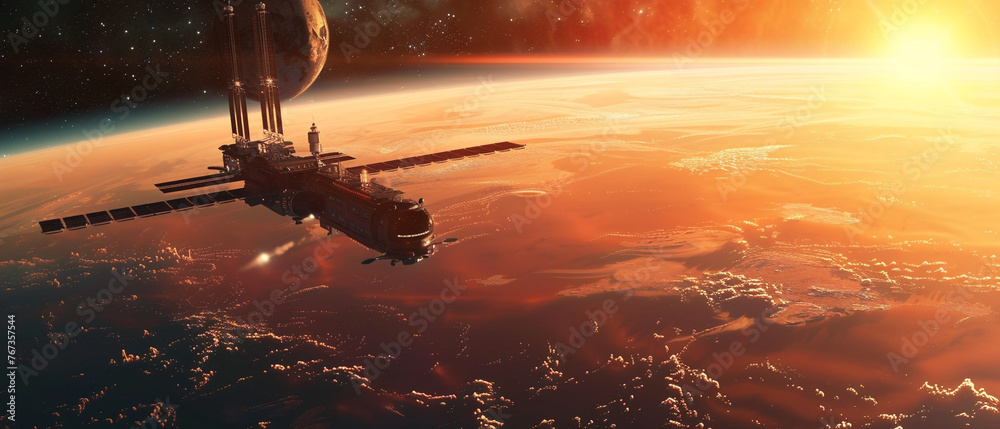 Futuristic space station hovers gracefully over an alien planet in a ...