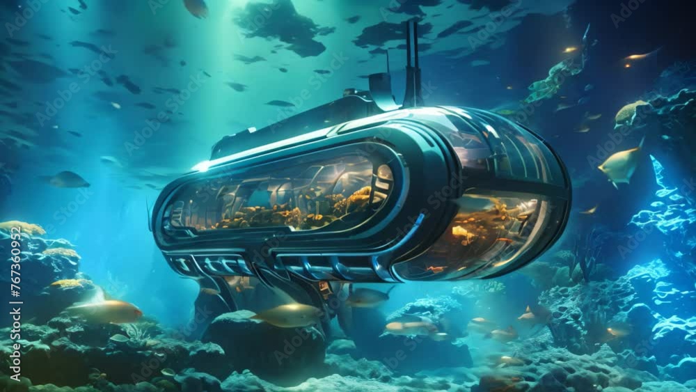 Submarine in Ocean Surrounded by Fish, Underwater Encounter With Marine ...