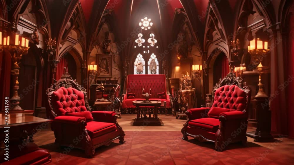 A photograph displaying a red room with two chairs and a table ...
