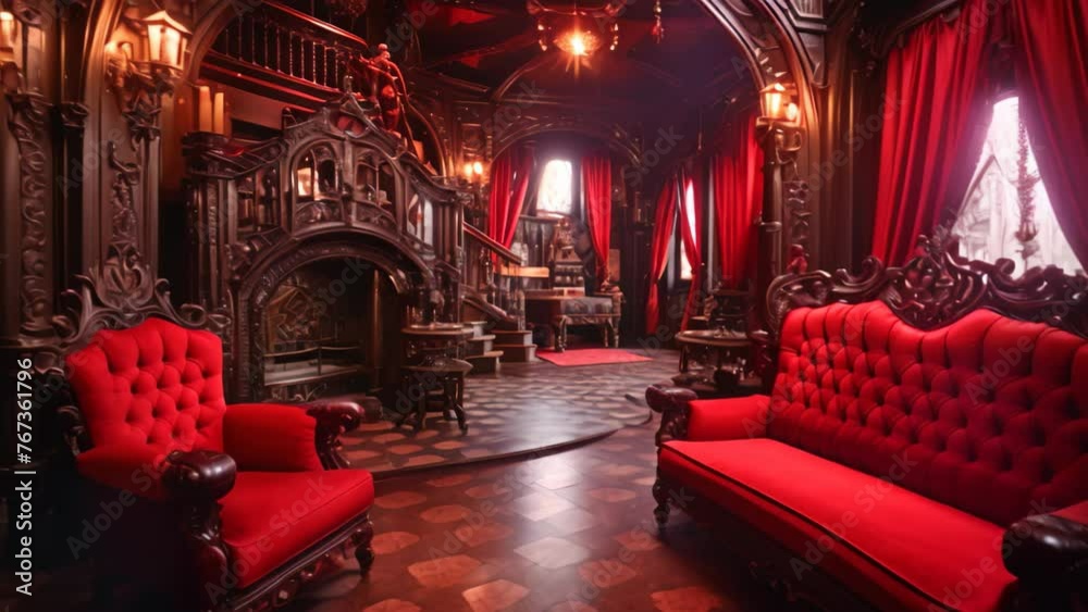 A room featuring a red couch and chairs, providing a comfortable and ...