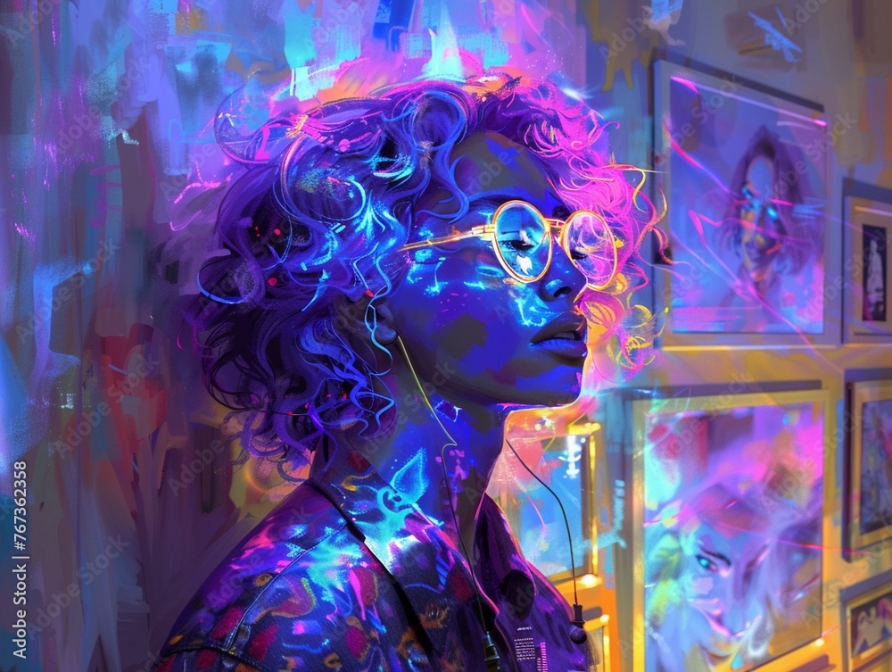 Envision a character with neon purple hair and icy blue skin finding ...