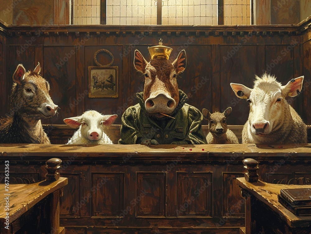 In a surrealistic courtroom, animals serve as judge, jury, and ...