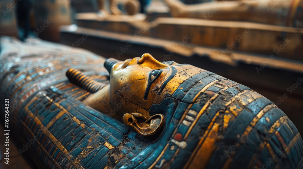 Luxury painted sarcophagus of pharaoh in Ancient Egyptian tomb, fiction ...