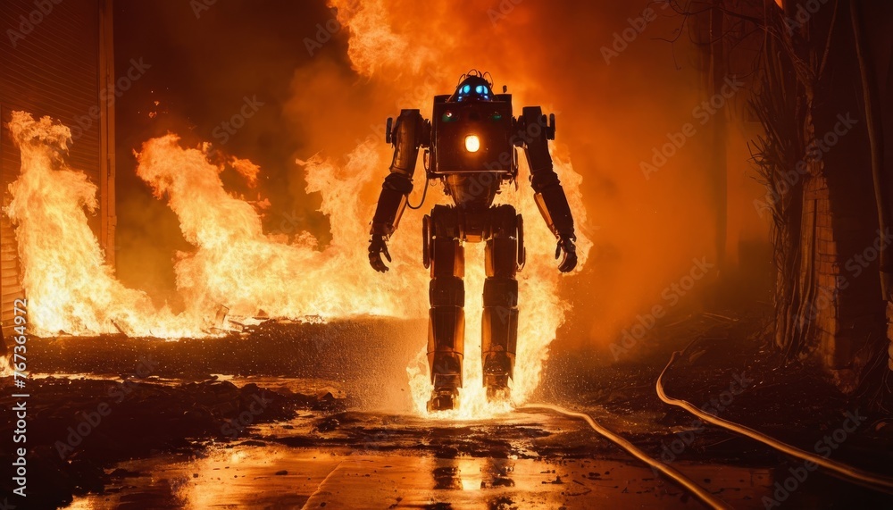A robot firefighter navigates through intense flames, showcasing the ...
