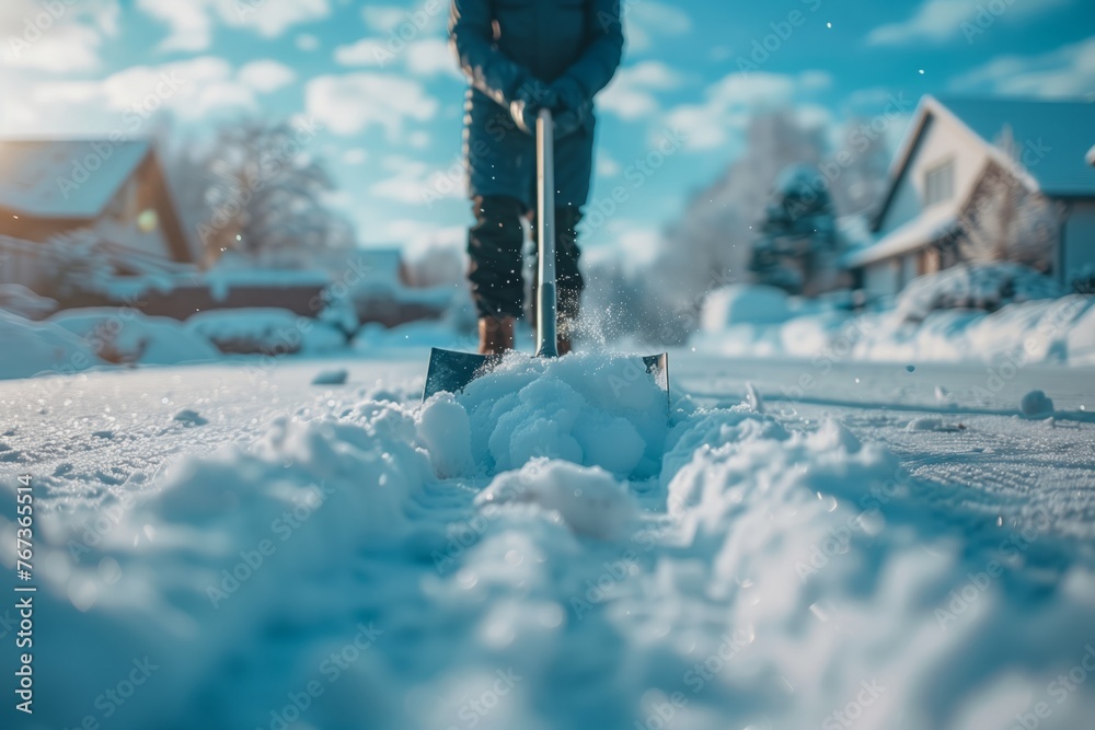 Man shoveling snow with shovel, cleaning driveway in front of the house ...