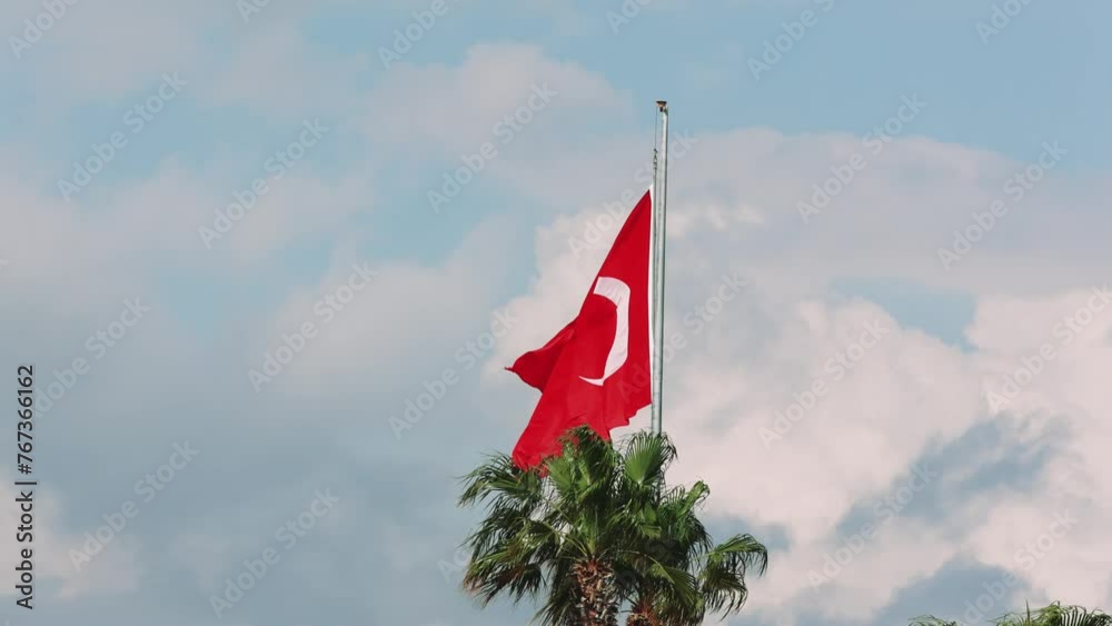 Turkey flag, a patriotism symbol, flutters against palm, blue sky ...
