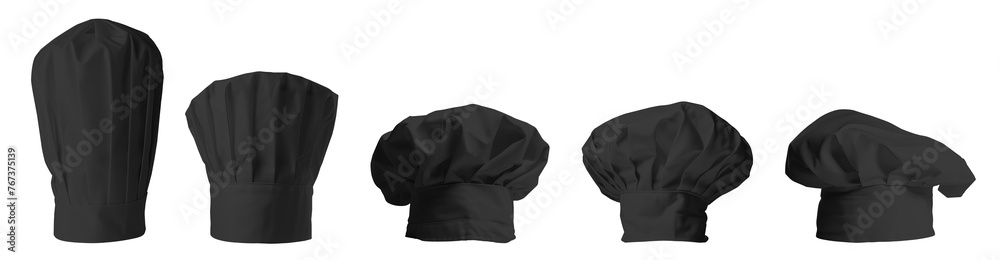Set of black Chef hats, cook caps and baker Toque Blanche on ...