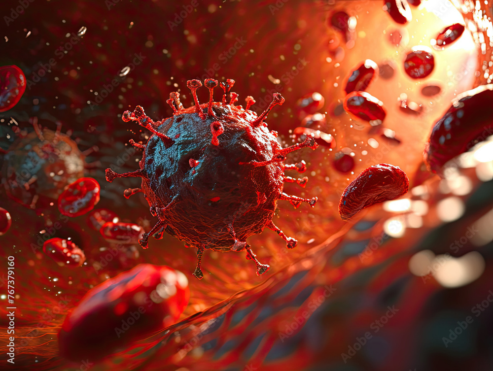 Artistic interpretation of the HIV virus in the bloodstream. Focus on ...