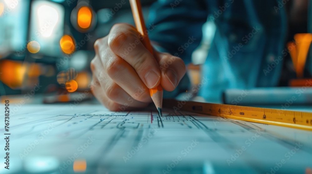 Medium shot of a wireframe pencil and ruler drawing a digital blueprint ...