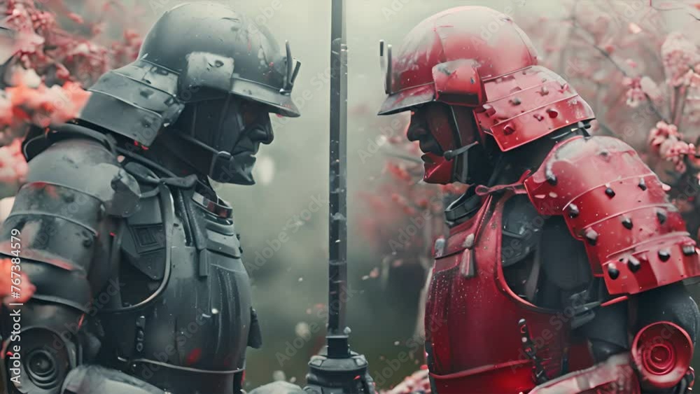 a cinematic live-action film photography of 2 futuristic samurai robots ...