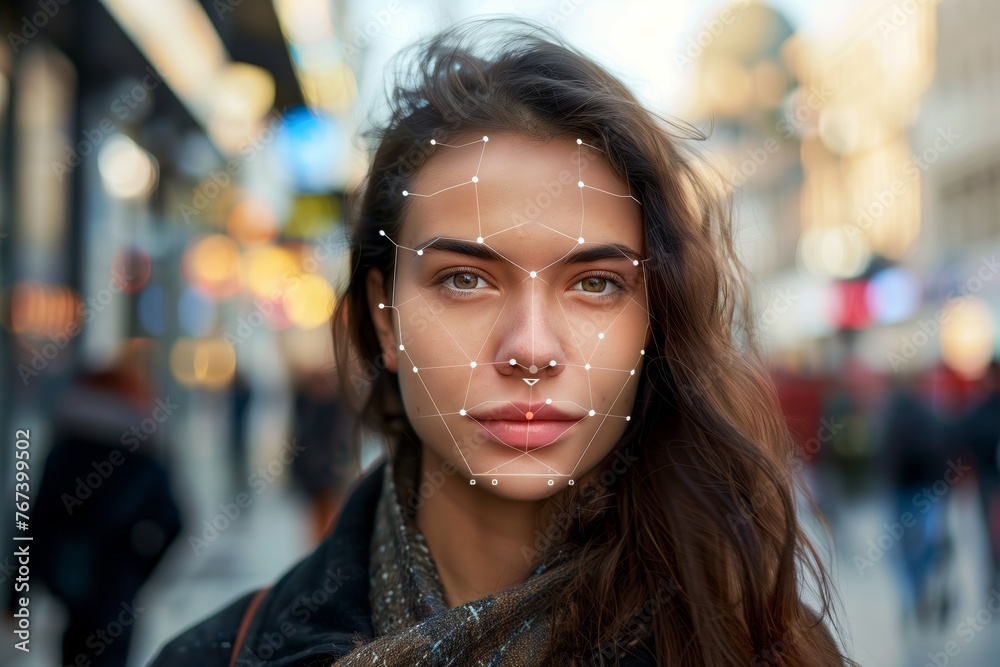 Outdoor portrait of a young woman with facial recognition digital ...