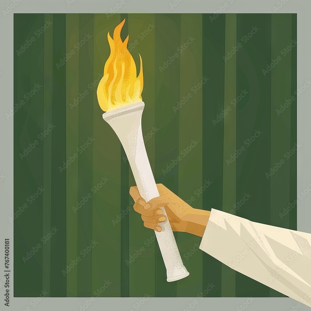 A hand holds a lit torch against a green background. Concept: an image ...