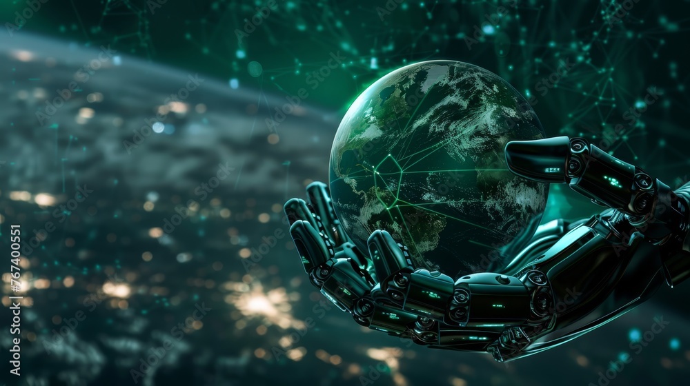 Futuristic robotic arms gently holding a radiant green representation ...