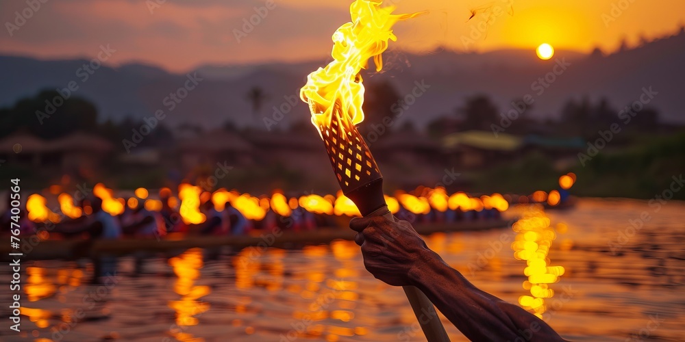Lighted torch in hand Concept: an image for relay races and competitive ...