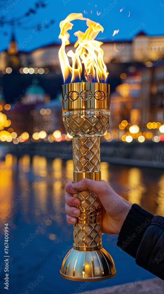 Lighted torch in hand Concept: an image for relay races and competitive ...