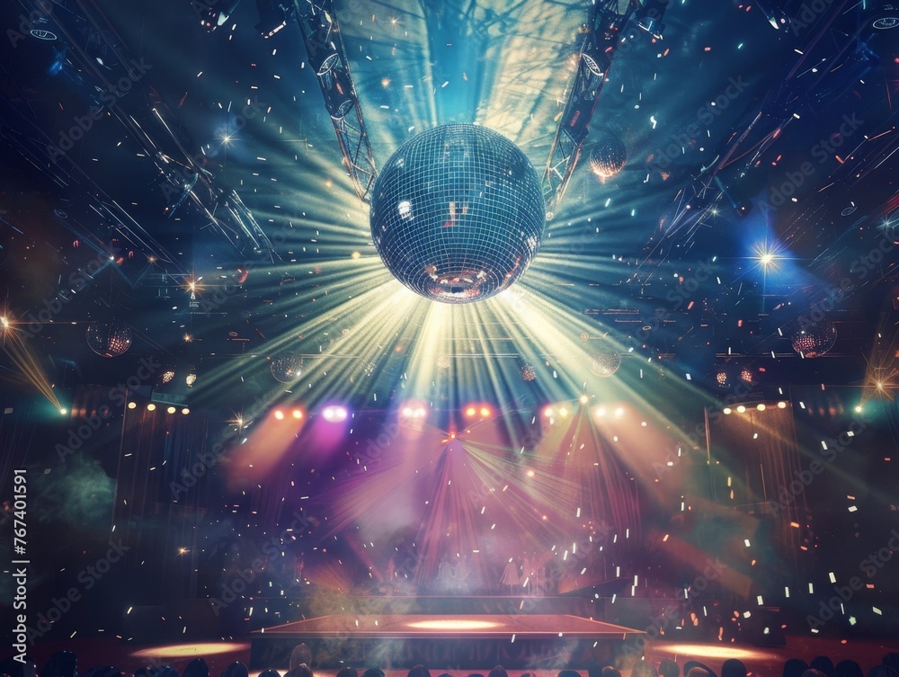A dazzling disco ball casts radiant beams of light across a dynamic ...