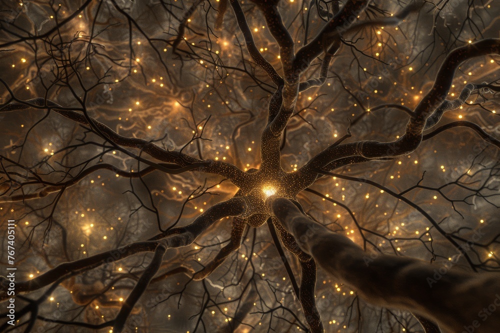 Brain neural network model concept with branching synapses and glowing nodes Stock Illustration ...