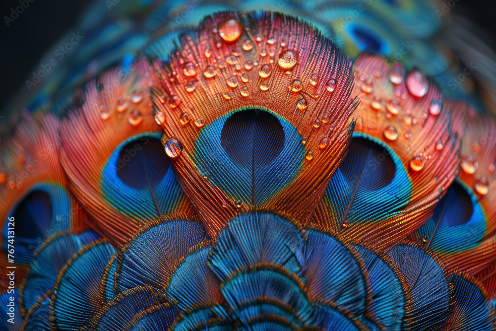 A close-up photograph of a peacock's iridescent plumage, showcasing an ...