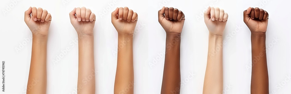 A row of raised hands of different skin tones. Concept: equality ...