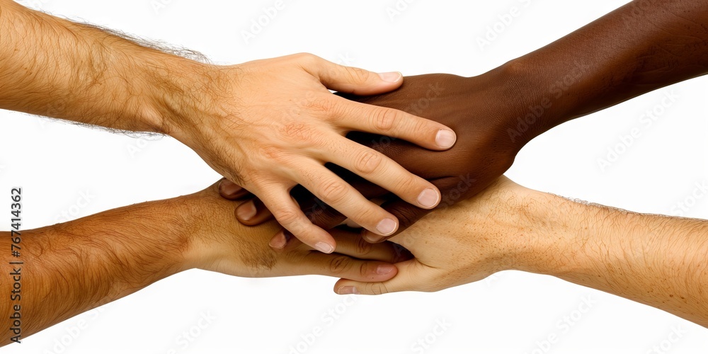 Hands of different skin colors stacked on top of each other. Concept ...