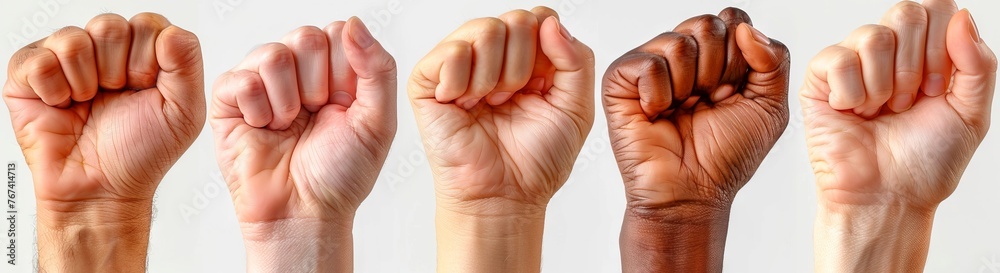 A row of raised hands of different skin tones. Concept: equality ...