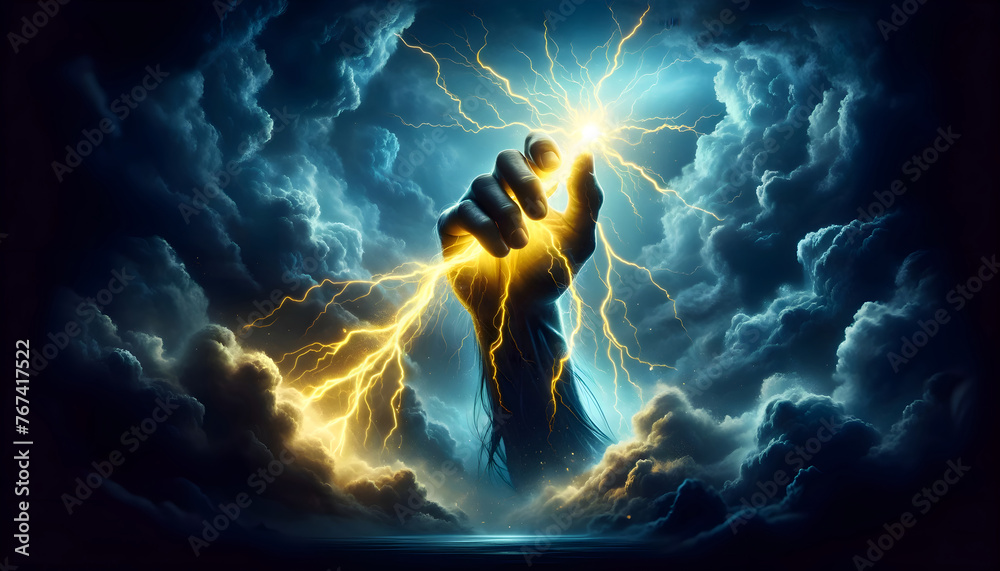 Hand holding up a lightning bolt. Energy and power. Stormy background ...