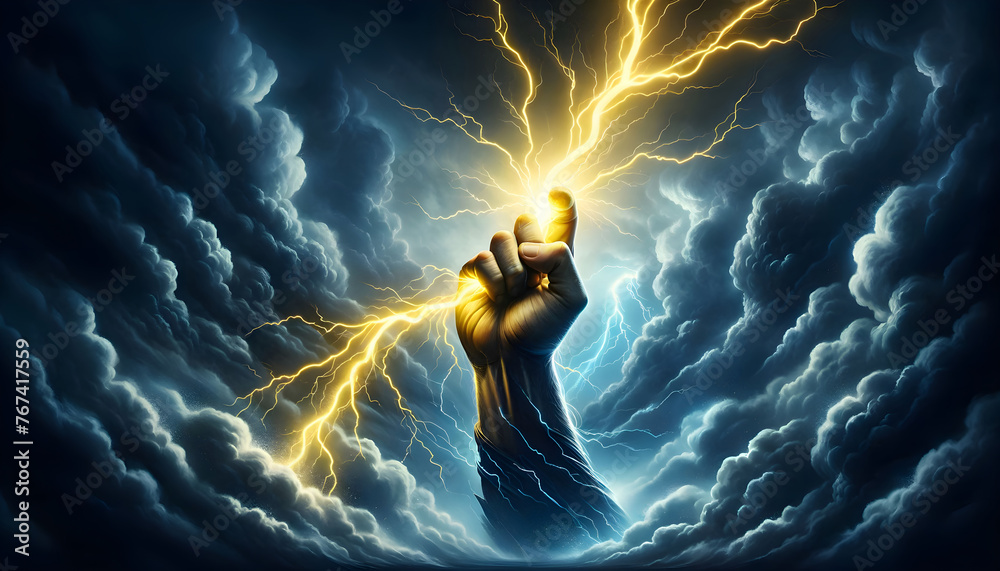 Hand holding up a lightning bolt. Energy and power. Stormy background ...
