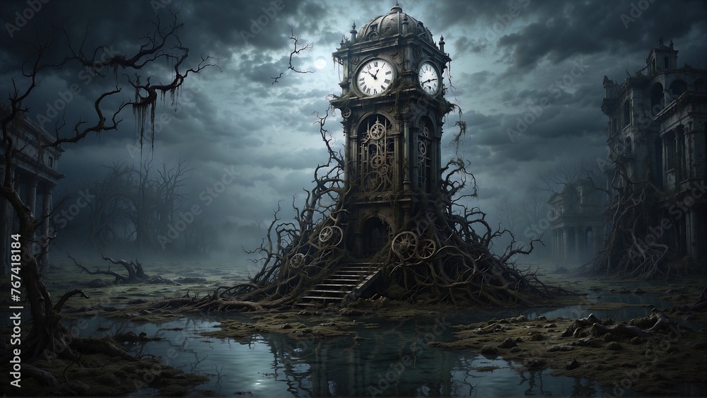 Surreal, nightmarish scene of a decaying clock tower in a swamp Stock ...