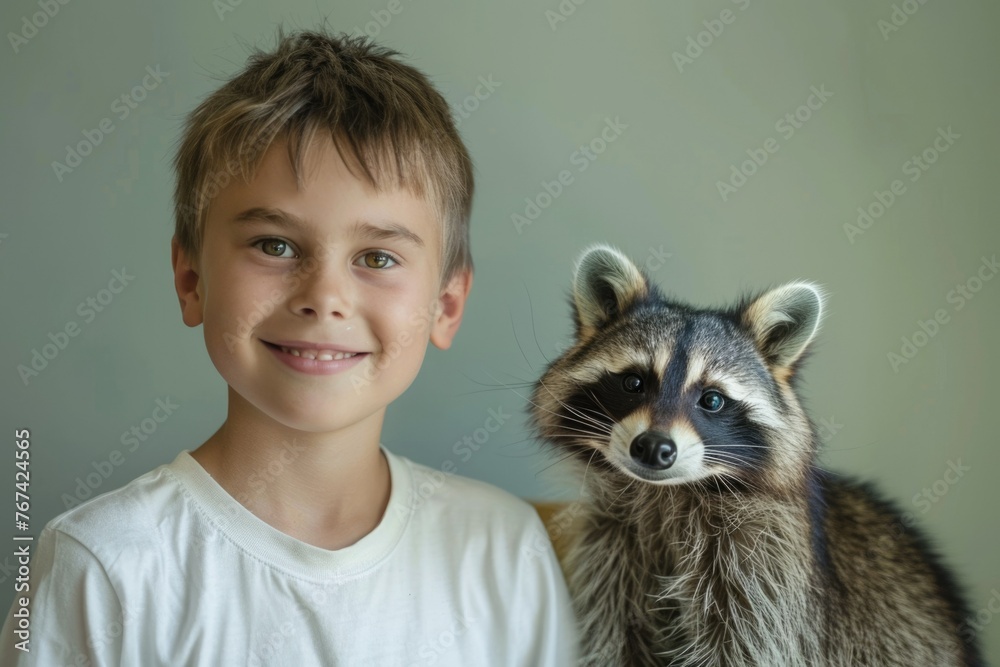 Child boy with raccoon. Banner with pastel background. Zoo advertising ...