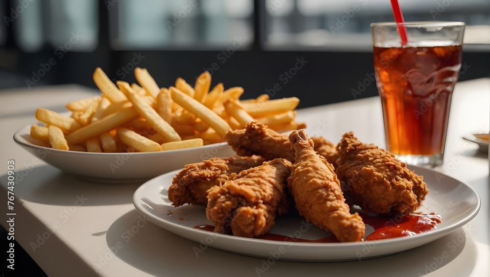 Fried chicken, soda and french fries in table in fast food restaurant ...