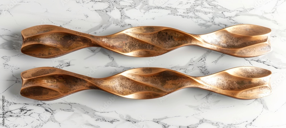 Copper-toned sculpted drawer handles on a marble backdrop. Elegant ...