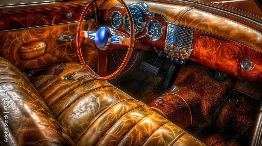 Classic car interior with polished wood dashboard and rich leather ...