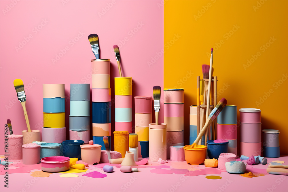 Paint cans ready to be used on pastel color palette background Stock ...