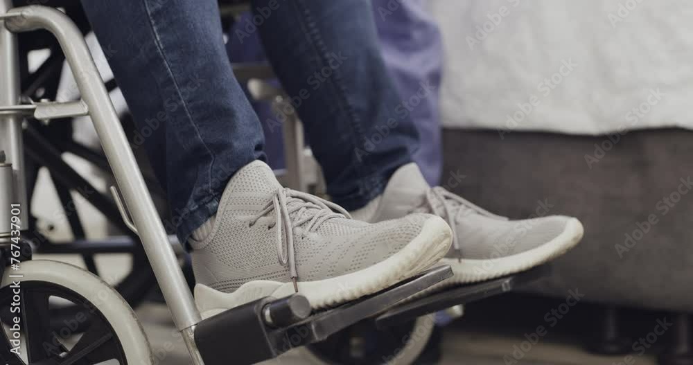 Caregiver, support or wheelchair with healthcare for feet in nursing ...