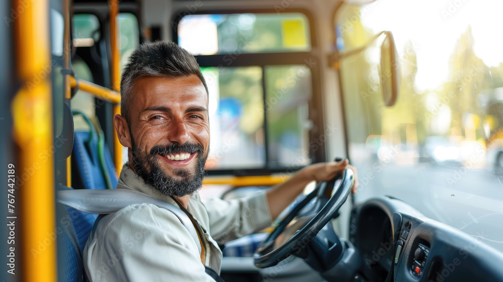 bus driver behind the wheel, smiling man, portrait, face, public ...