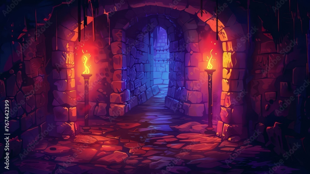 Mysterious underground dungeon with stone walls and flickering torches ...