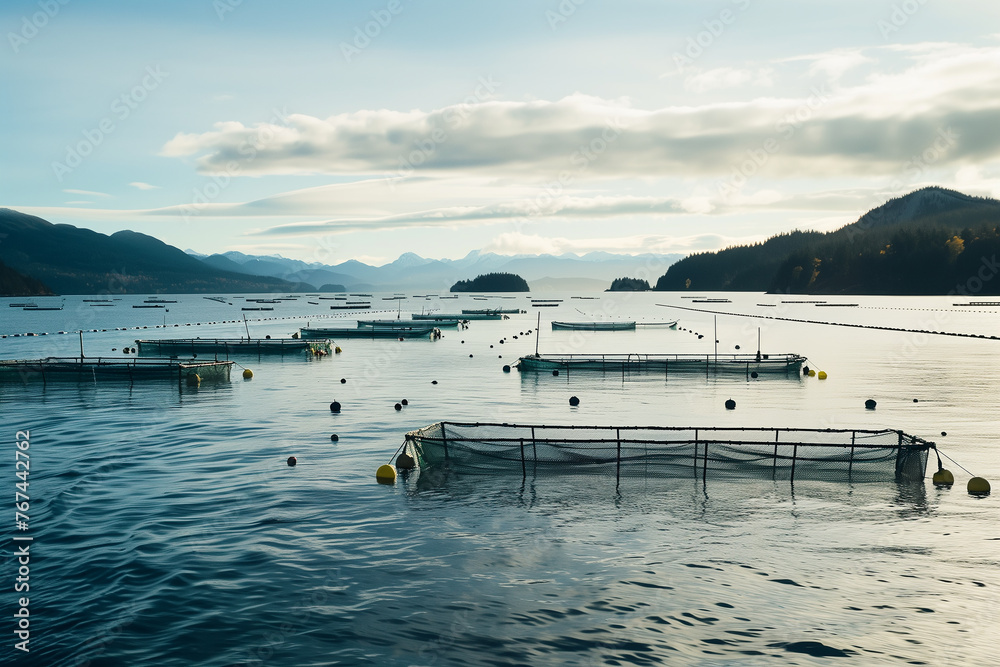 Aquaculture in floating fish farming cages of fish farm Stock Photo ...