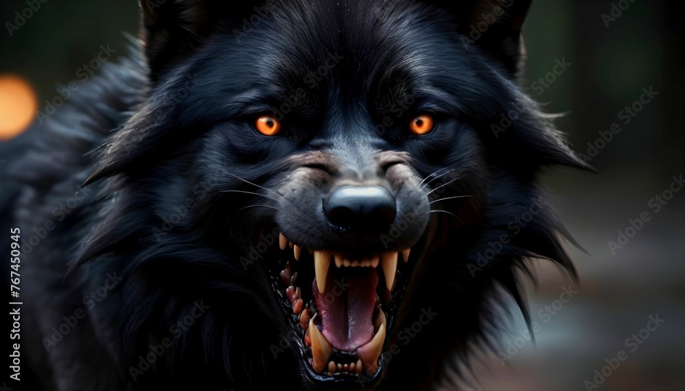 werewolf face closeup. evil looking dog wolf. black wolf. sharp fangs ...