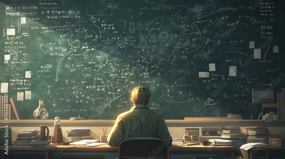 2D Illustrate of A mathematician solving complex equations on a ... 2D Illustrate of A mathematician solving complex equations on a ...