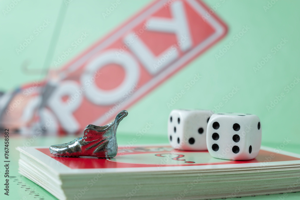 Kaunas, Lithuania - July 2021: close up of monopoly shoe token ...