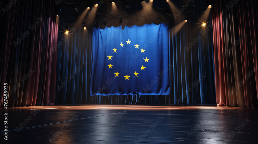 European flag on an empty stage with spotlights Stock Illustration ...