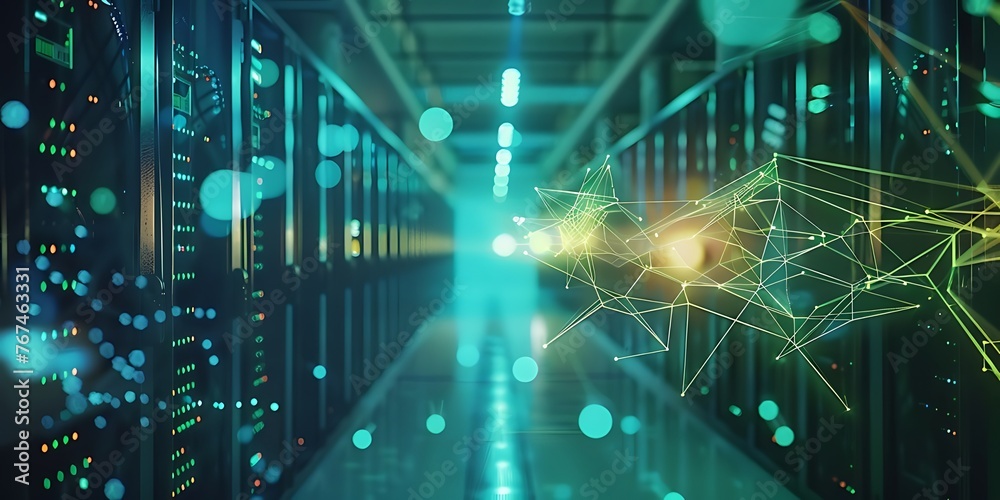 Server data room center, high-tech data centre with rows of server racks exchanging datas ...