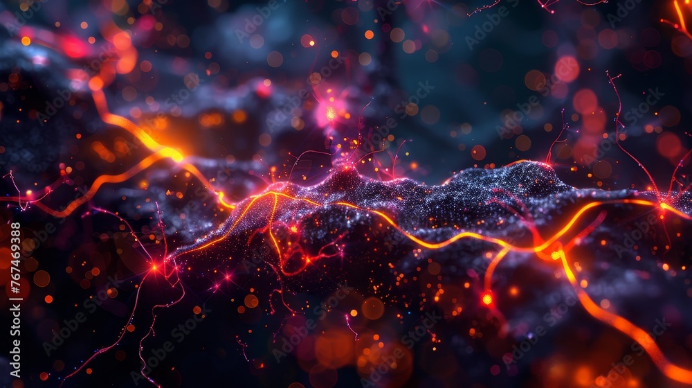 Concept image showing synapses in a neural network with glowing red ...