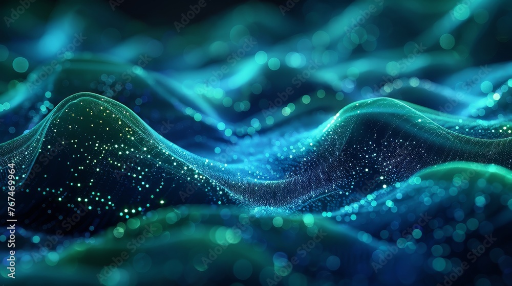 a digital landscape with undulating waves of light, simulating a ...
