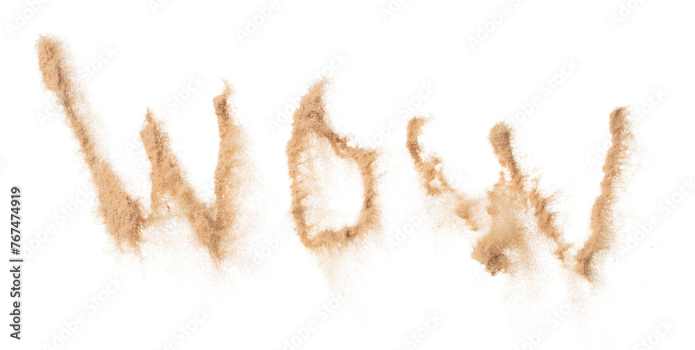 WOW Text Word of Sand letter. Calligraphy of Sand flying explosion with ...