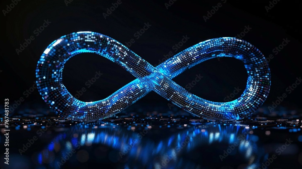 blue infinity symbol made of glowing binary code particles, on black ...