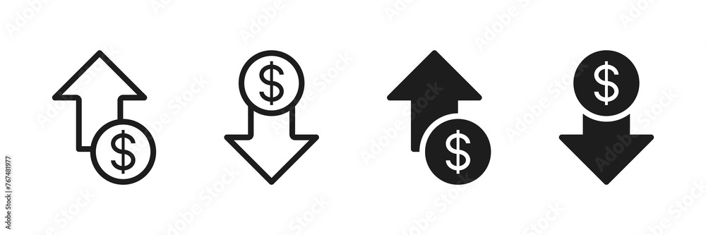 Money increase icon with arrow symbol, dollar decrease icon . profit and lose money vector icons ...